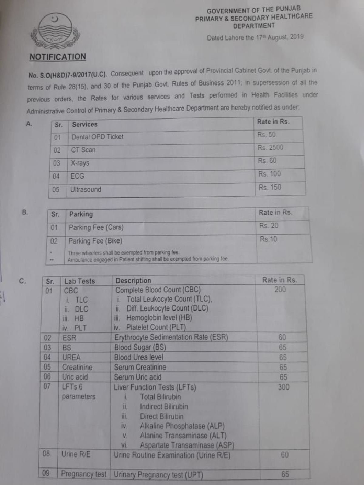 New Revised Lab Test Rates 2019 - GOVERNMENT OF THE PUNJAB PRIMARY ...