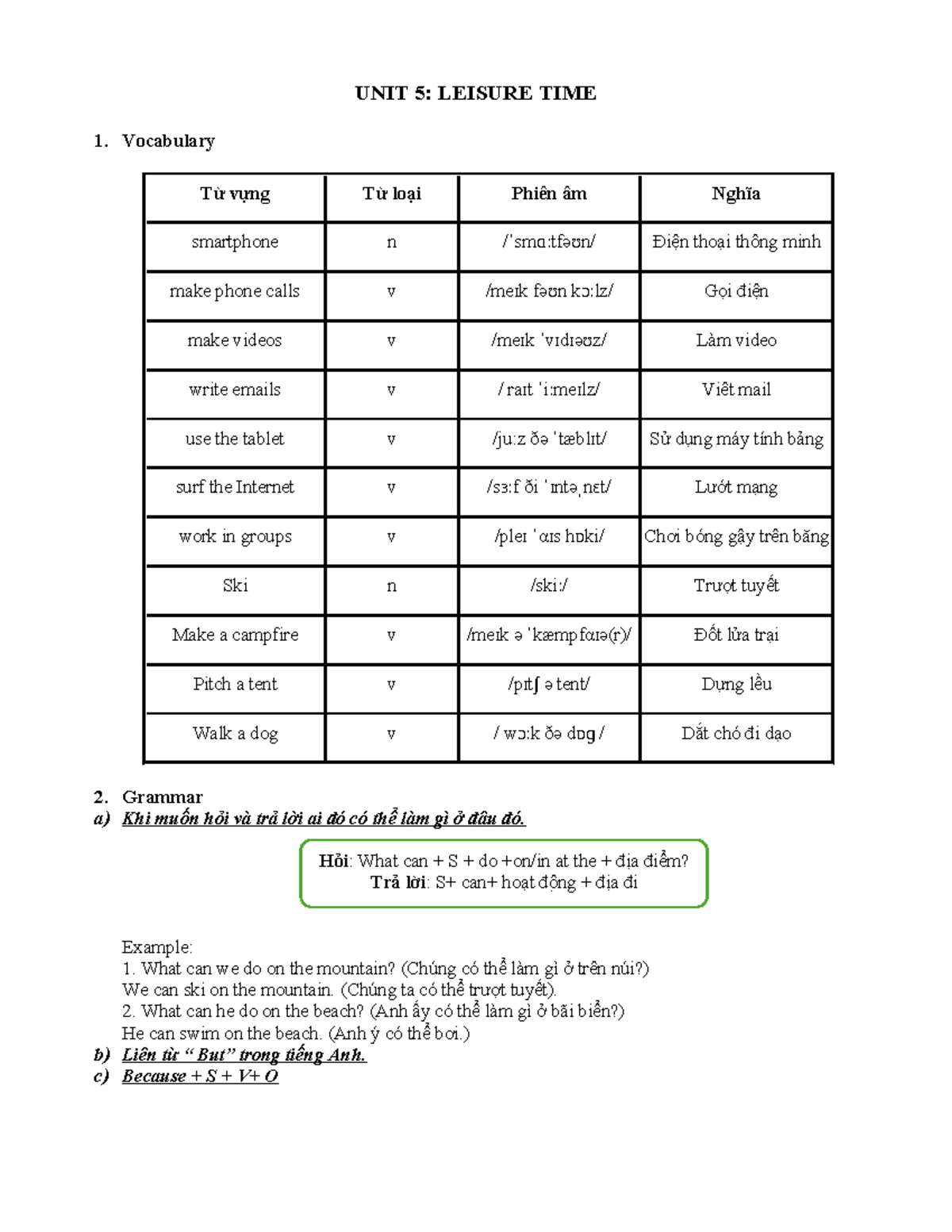 UNIT 5: LEISURE TIME - Vocabulary & Grammar Notes - Studocu