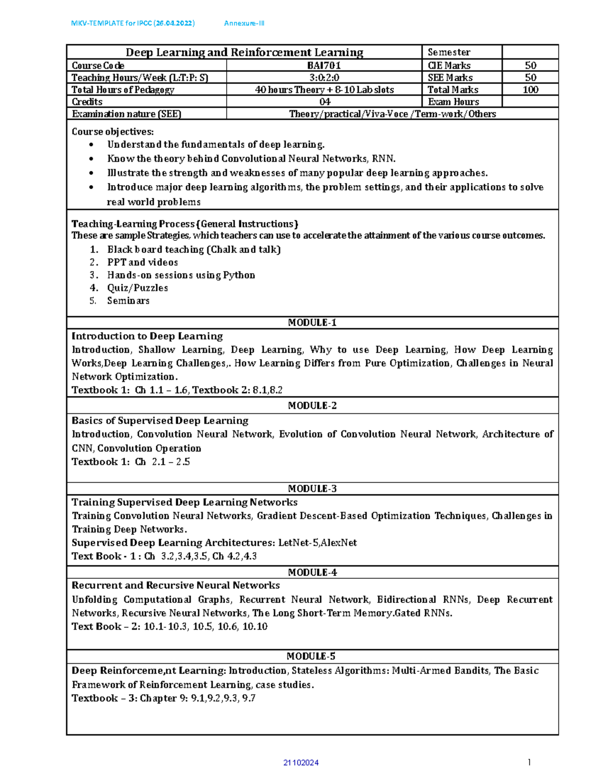 Deep Learning & Reinforcement Learning Syllabus - BAI701 (IPCC) - Studocu