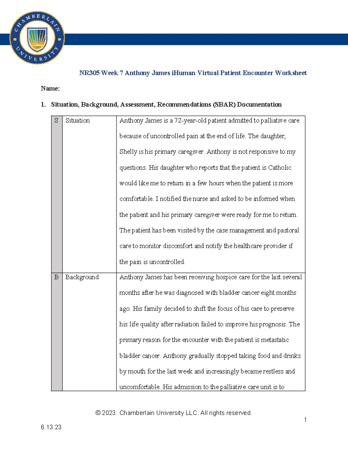 82785547 - NR305 Week 7 iHuman Patient Encounter Summary Worksheet ...