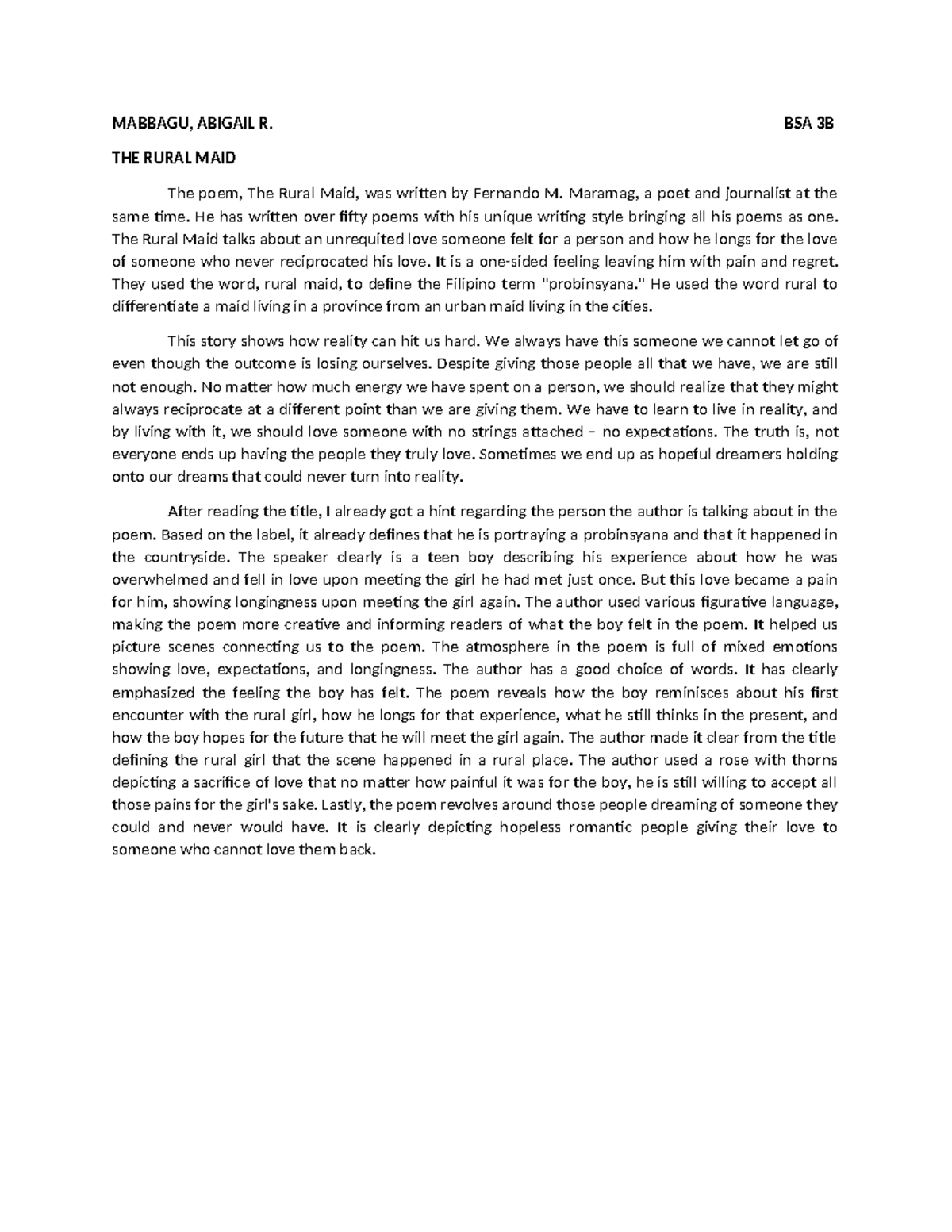 BSA 3B: Analysis of Fernando M. Maramag's "The Rural Maid" Poem - Studocu