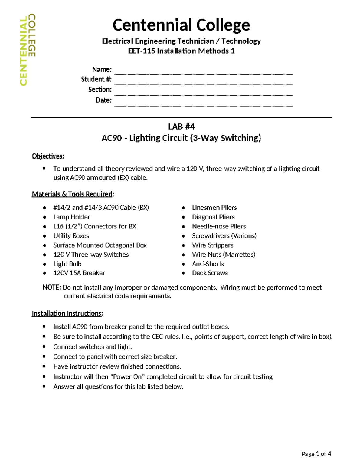 EET-115 Lab 4 - AC90 Lighting Circuit (3-Way Switching) Instructions ...