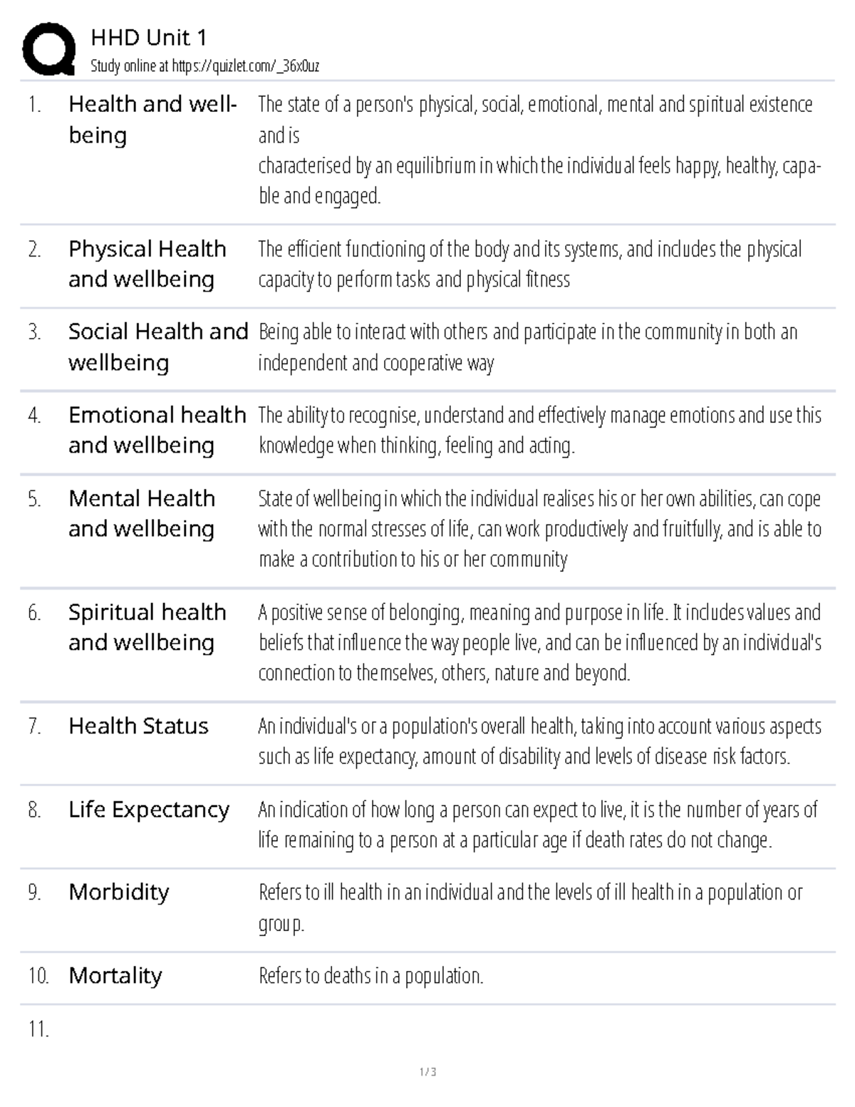 HHD Unit 1 Study Guide: Understanding Health and Wellbeing Concepts ...