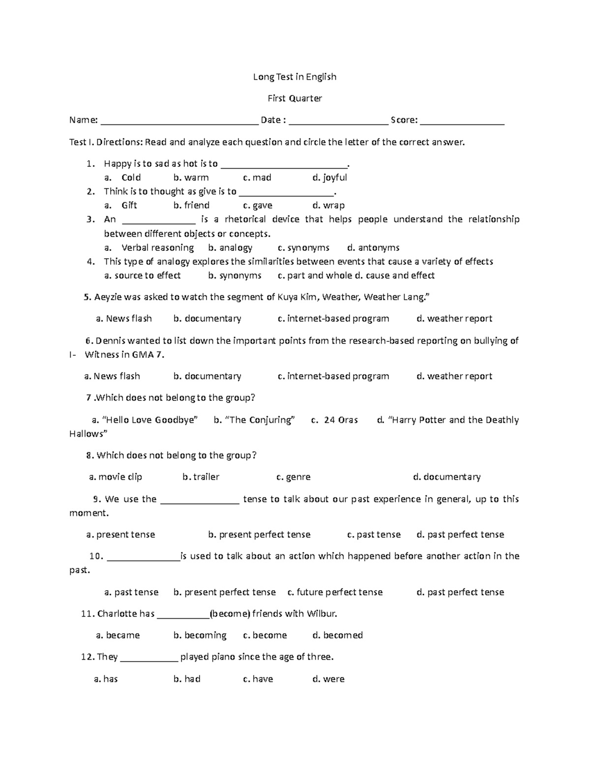 Long Test in English - long test - Long Test in English First Quarter ...
