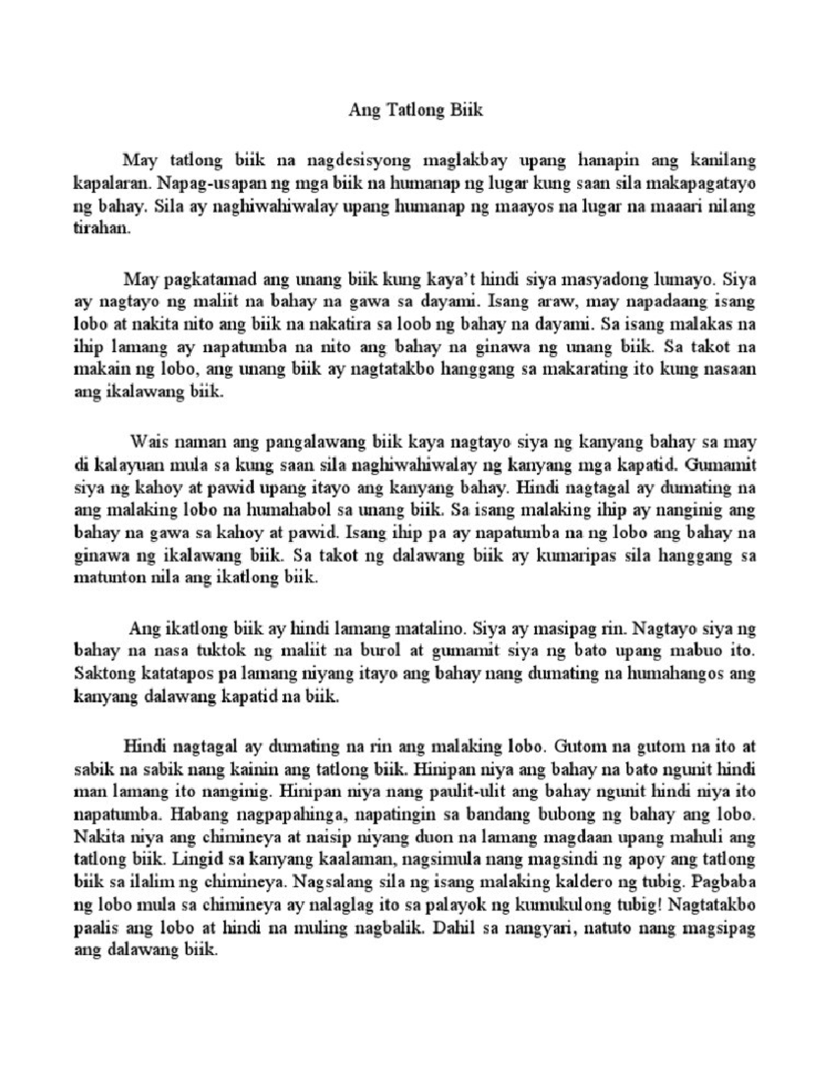 Ang Tatlong Biik (The Three Pigs) - Isang Buod ng Kuwento - Studocu