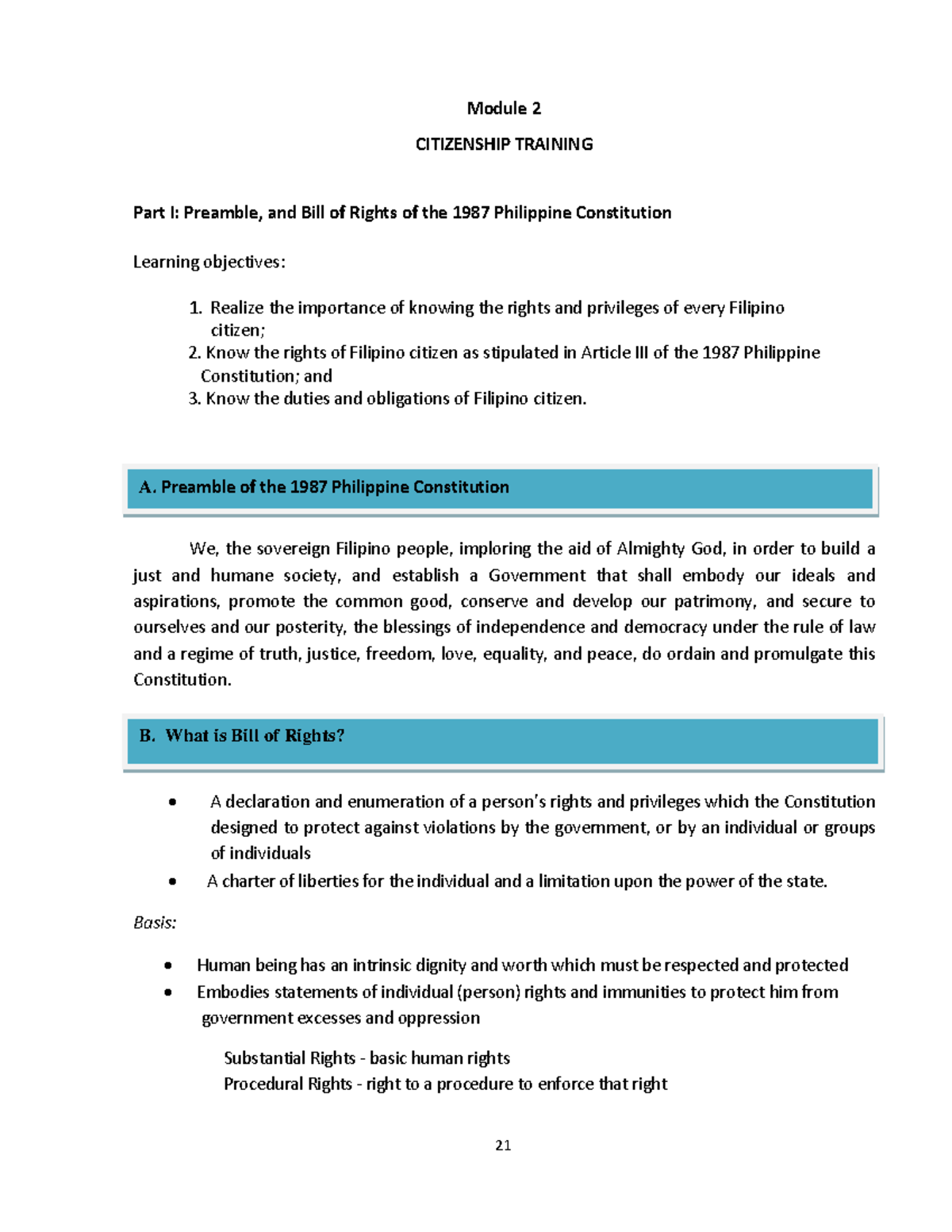 Module 2: Citizenship Training - Preamble & Bill of Rights Overview ...