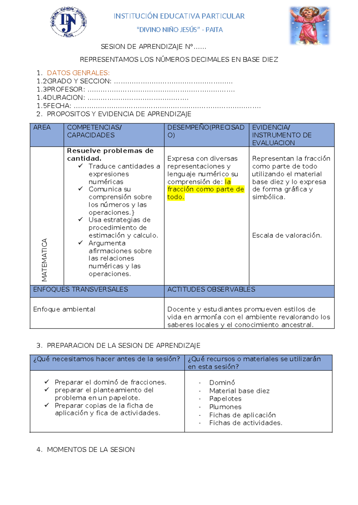 Modelo de Sesión de Aprendizaje: Fracciones Decimales 2025 - Studocu