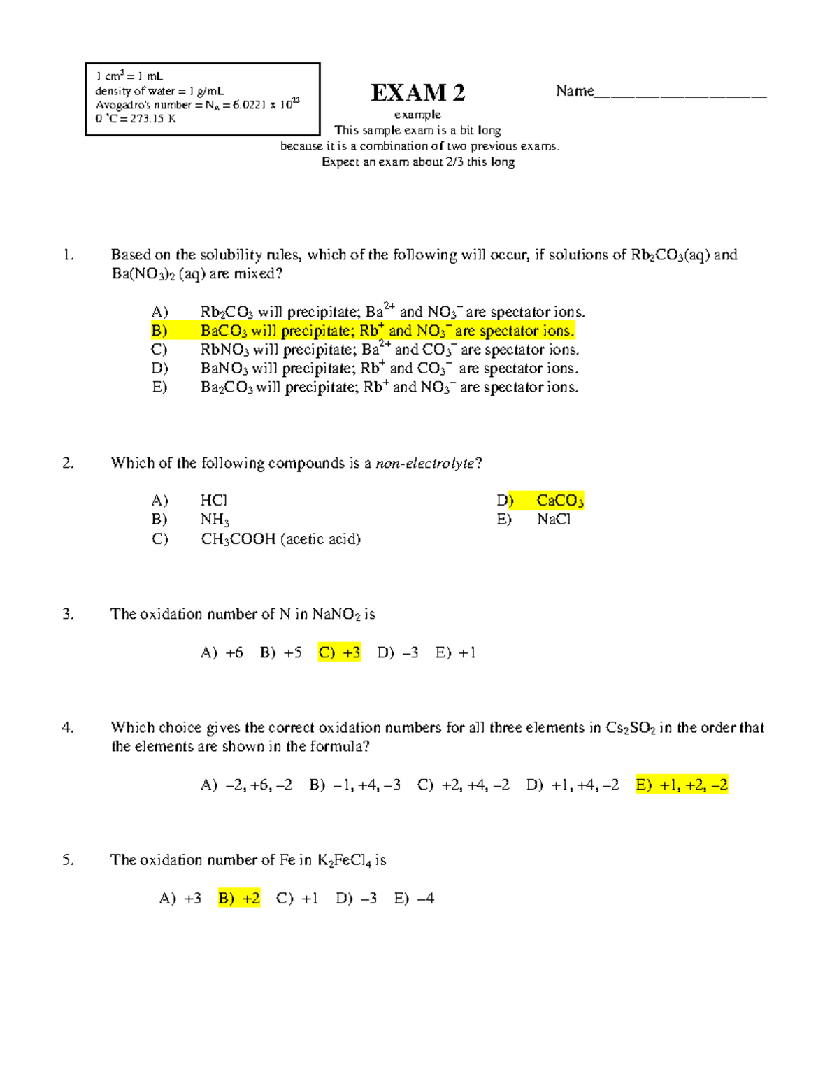 Sample Exam 2 Answers for Chemistry Course - Key Concepts and Solutions - Studocu