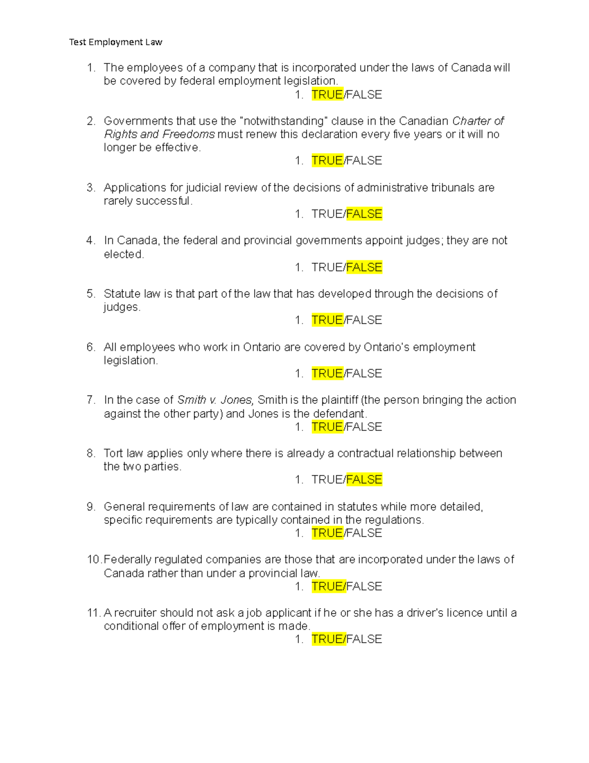 Employment Law Test 1: Questions and Answers (Dec 2020) - Studocu