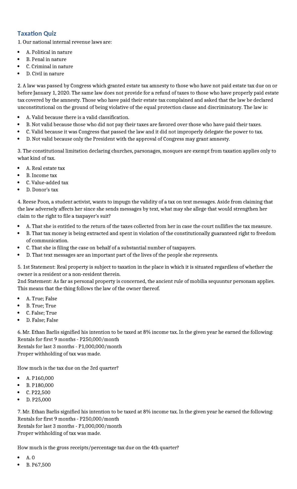 Taxation Quiz Complete - Taxation Quiz Our national internal revenue ...