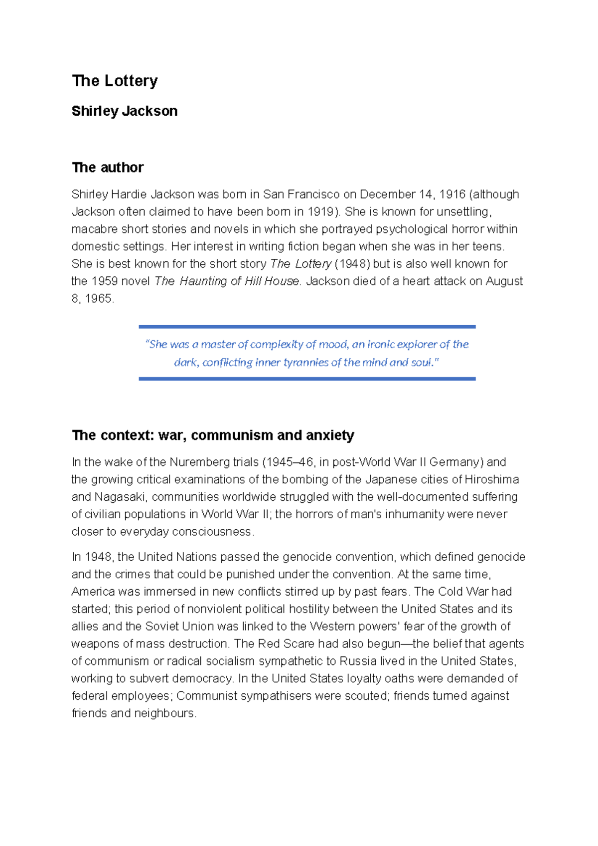 The Lottery Analysis Worksheet - ENG 101 Notes - Studeersnel