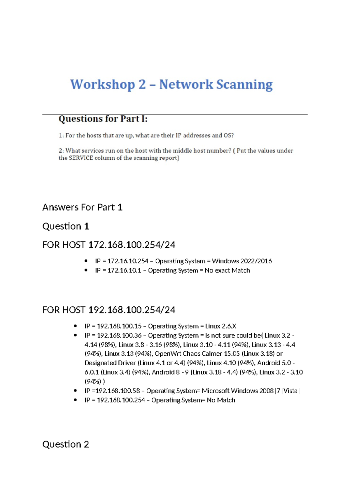 Ethical Hacking Workshop 2 Report Answers For Part 1 Question 1 For Host 172168100 Ip