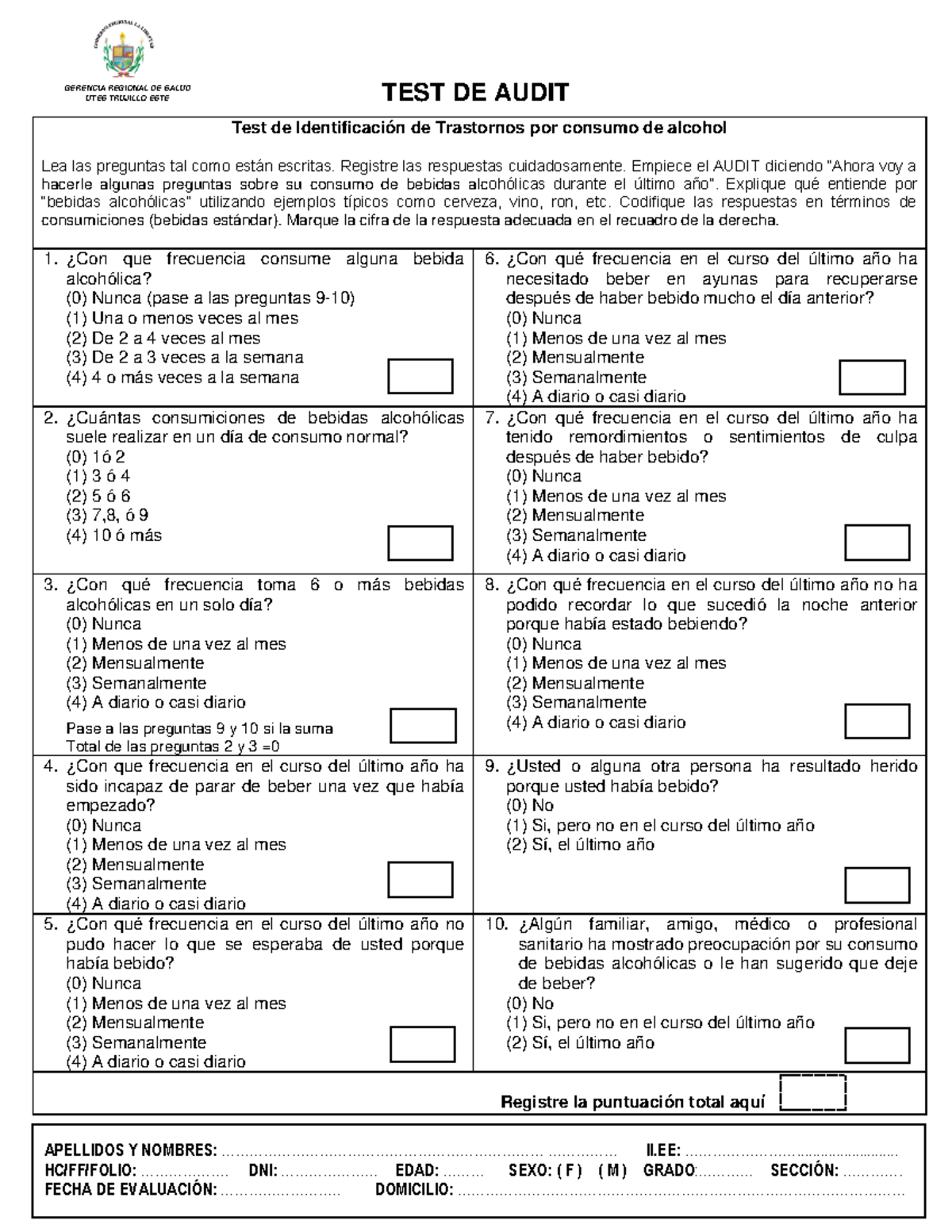 Formato de Test AUDIT para Identificación de Trastornos por Alcohol ...