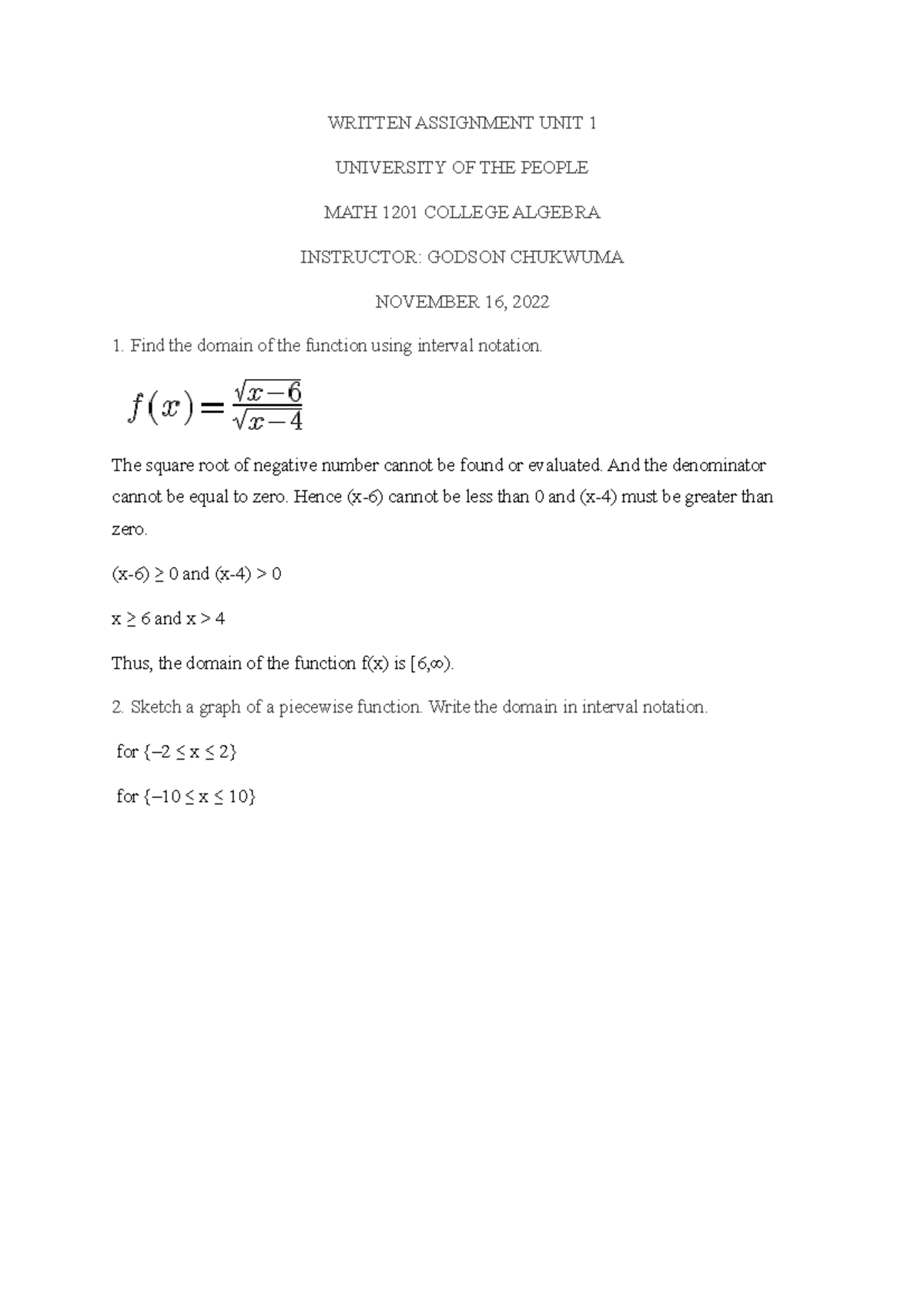 MATH 1201-01, Written Assignment Unit 1: College Algebra Analysis - Studocu