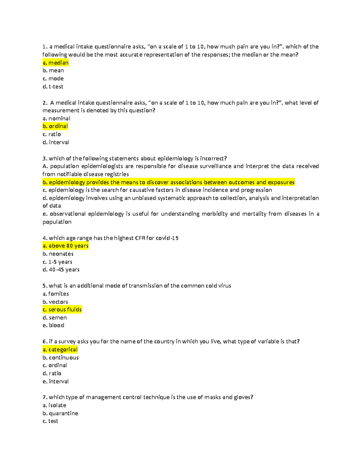 Biostatistics - Midterm examination with answers - a medical intake questionnaire asks, “on a ...