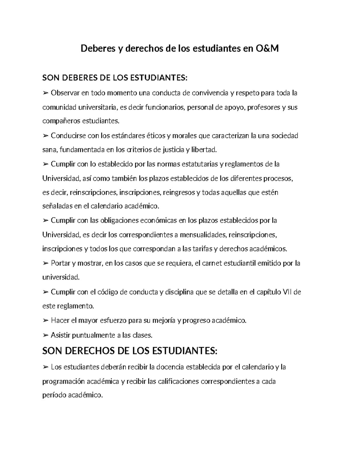 Resumen reglamento estudiantil - UNIVERSIDAD DOMINICANA O&M Oymas ...