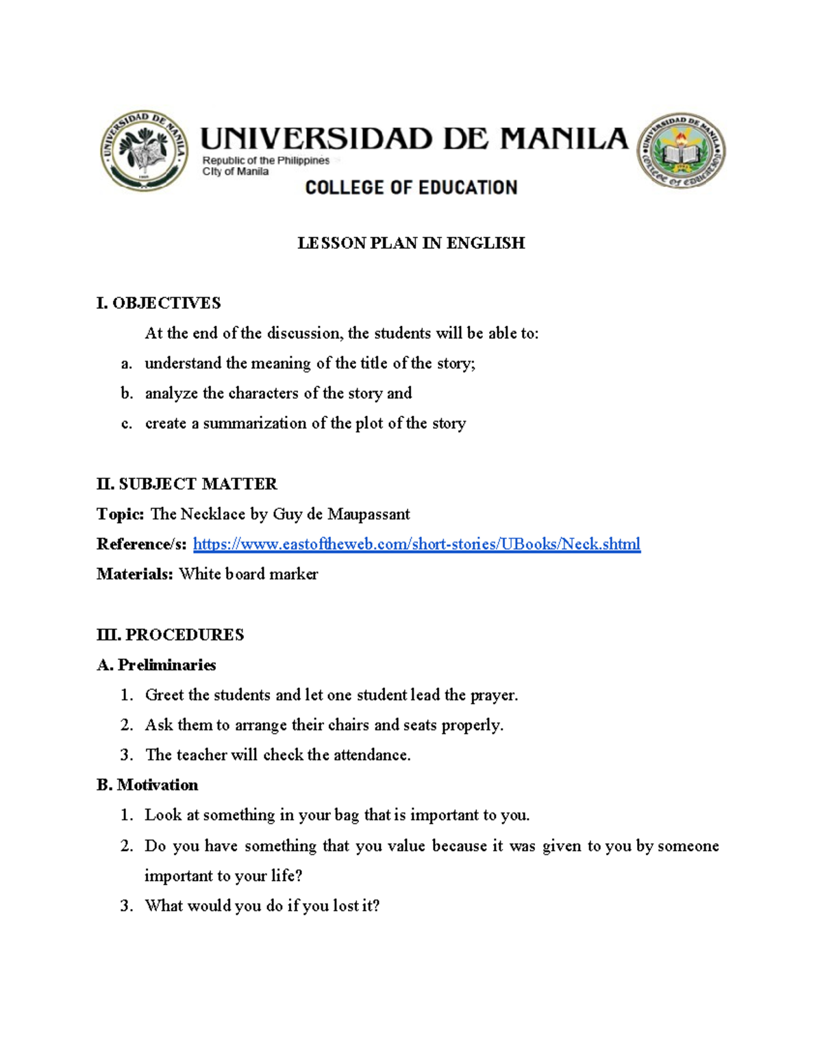 Lesson-PLAN-IN- English - LESSON PLAN IN ENGLISH I. OBJECTIVES At the ...