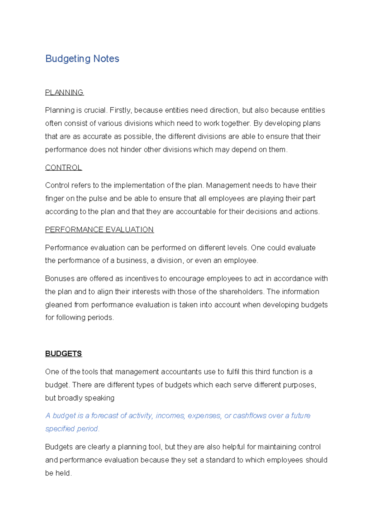 Budgeting Notes - Key Concepts in Business Accounting - Studocu