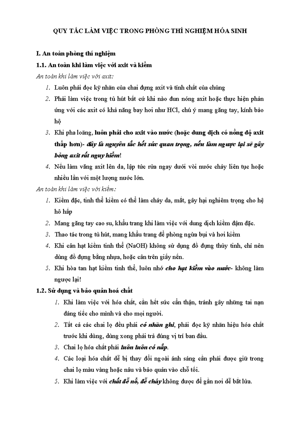 THÍ NghiệM HÓA SINH - QUY TẮC LÀM VIỆC TRONG PHÒNG THÍ NGHIỆM HÓA SINH ...