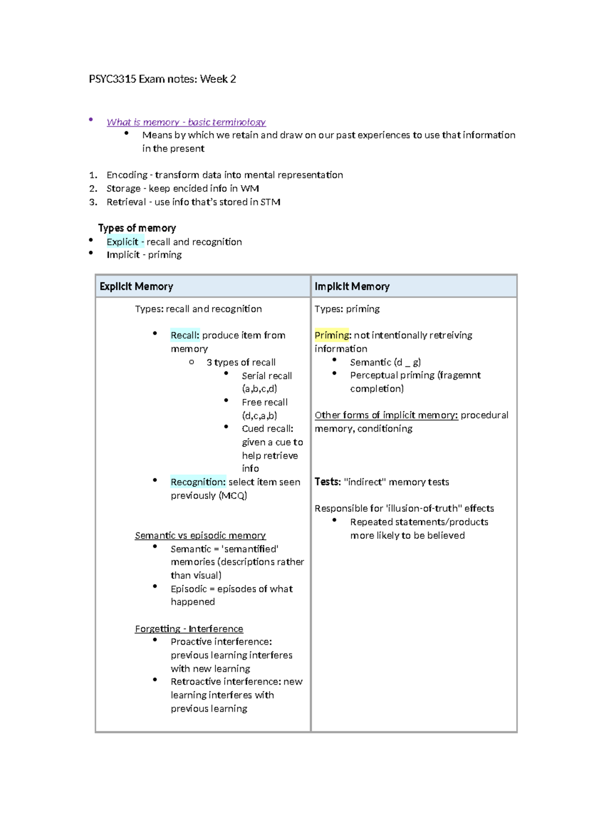 PSYC3315 Exam Notes: Cognitive Psychology - Memory Concepts Week 2 ...