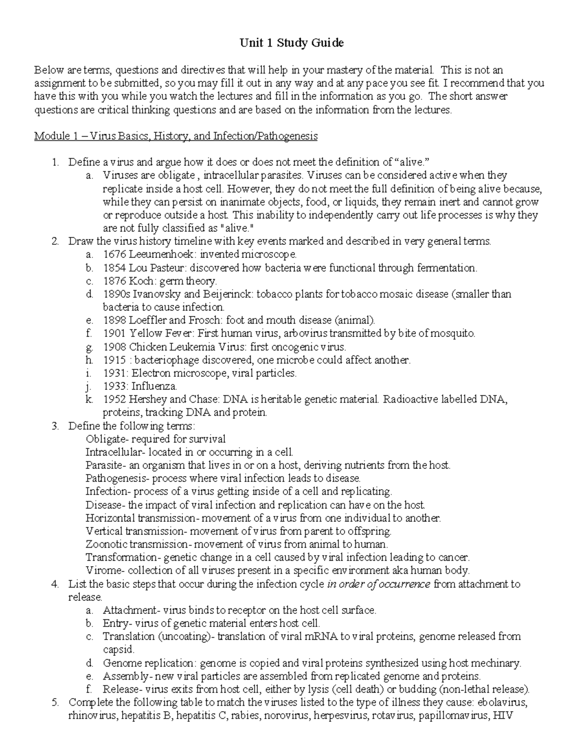 VIR 101: Unit 1 Study Guide on Virus Basics, Replication, and ...