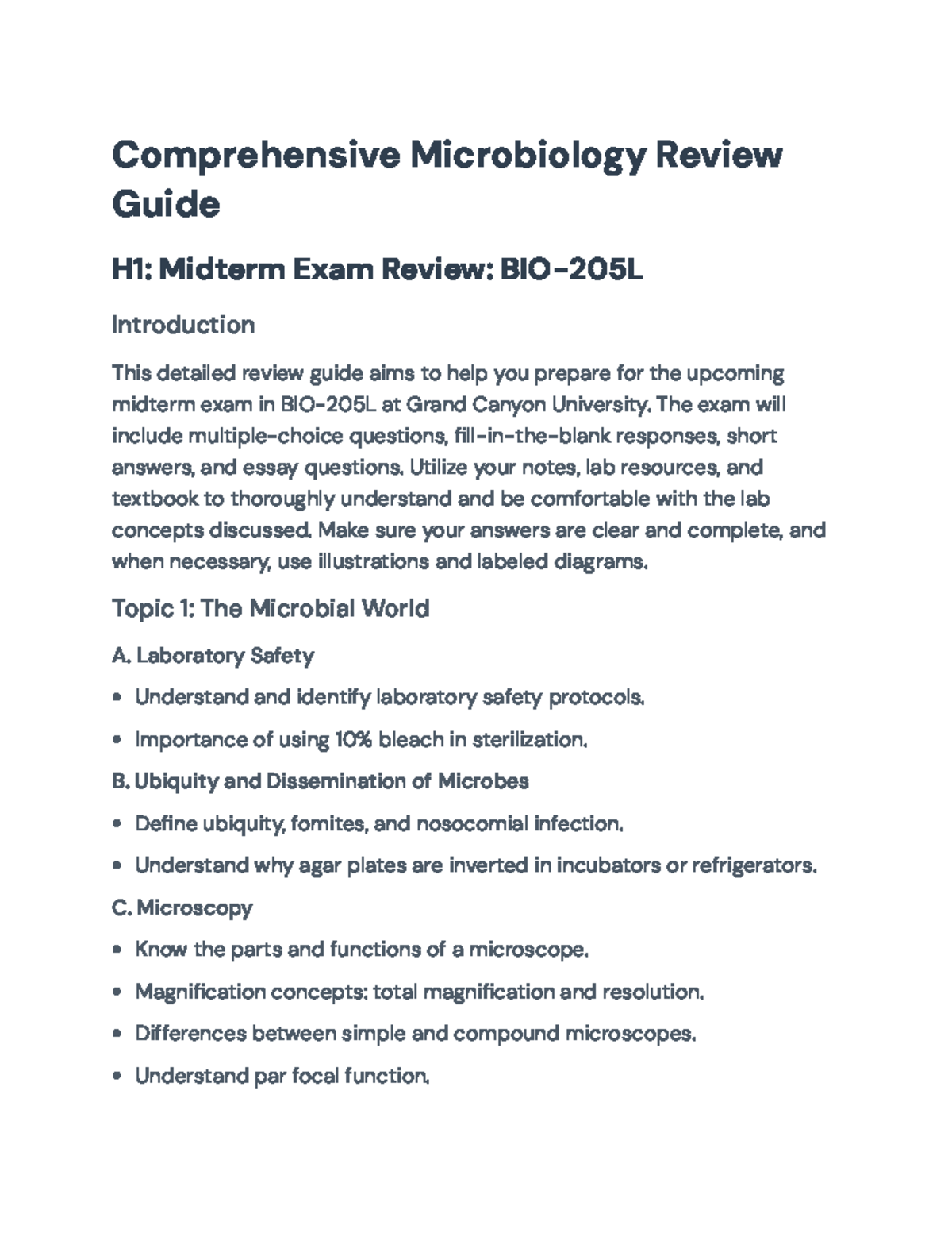 Midterm Exam Review Guide for BIO-205L: Comprehensive Microbiology Study - Comprehensive - Studocu