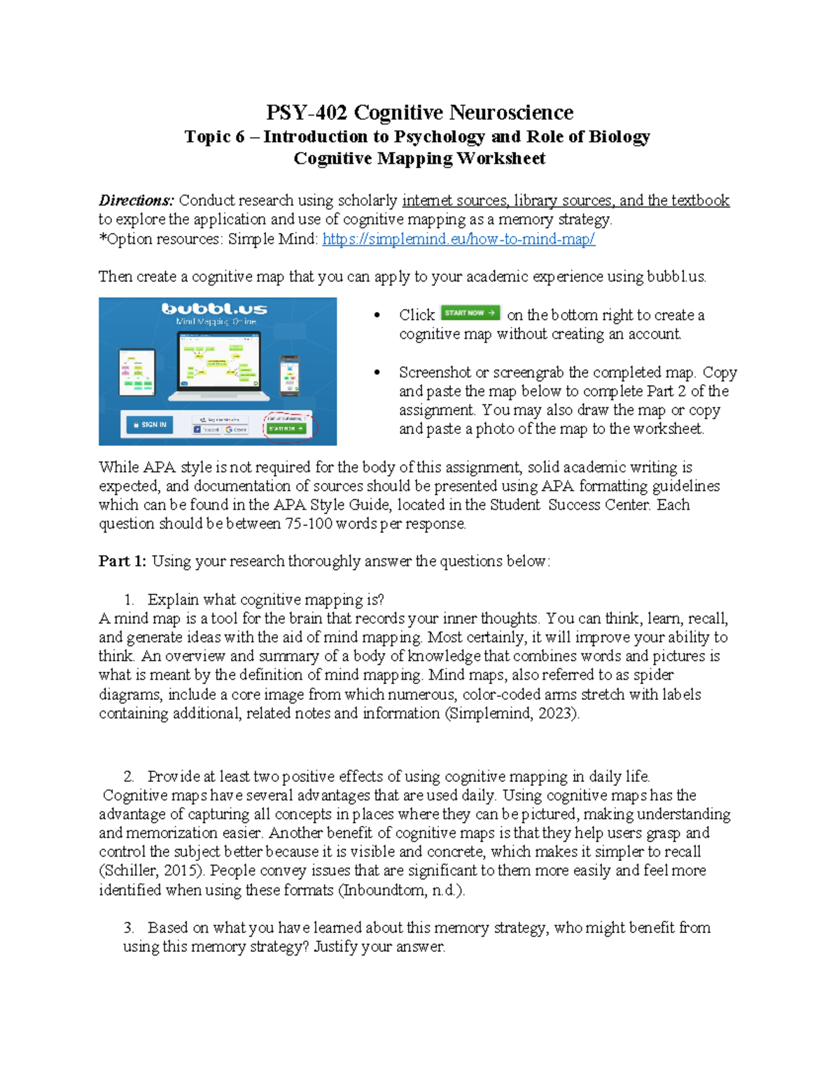 Cognitive Mapping Worksheet - PSY-402 Cognitive Neuroscience Assignment ...