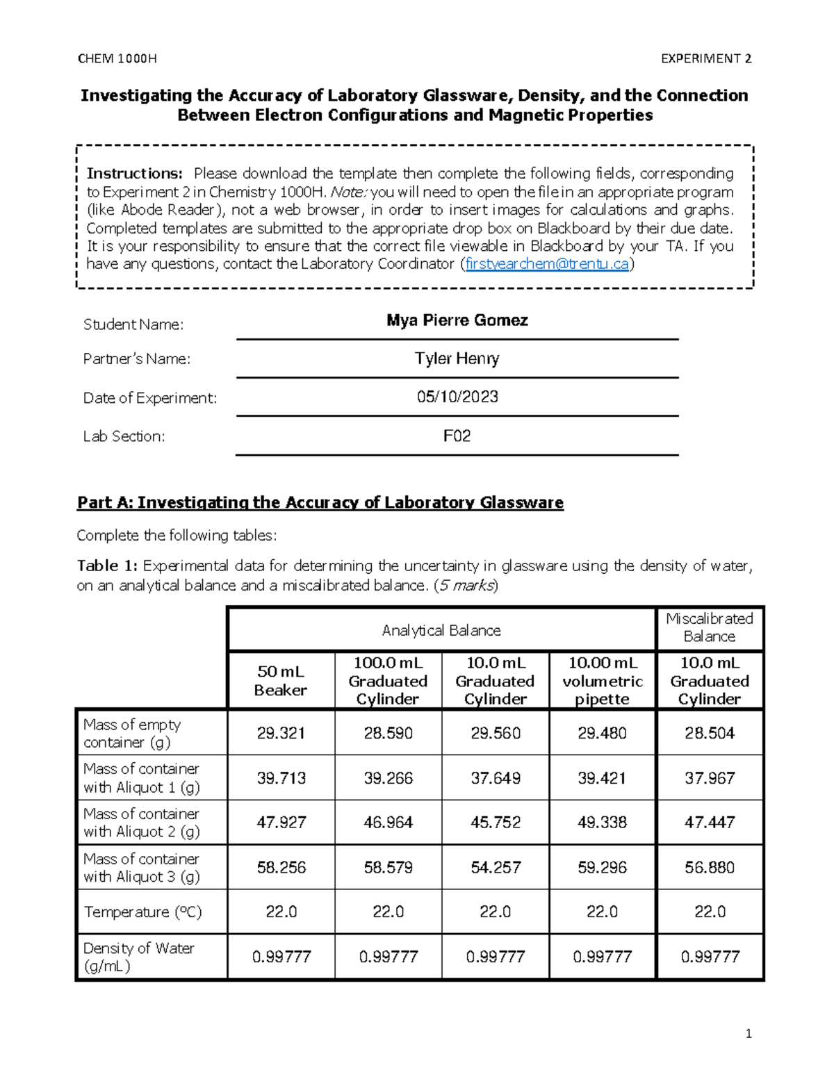 Lab 2 - Accuracy of Glassware and Magnetic Properties in CHEM 1000H ...