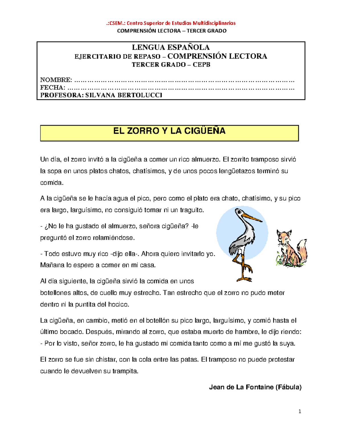 Ejercicios de Comprensión Lectora Tercer Grado - CSEM - Studocu