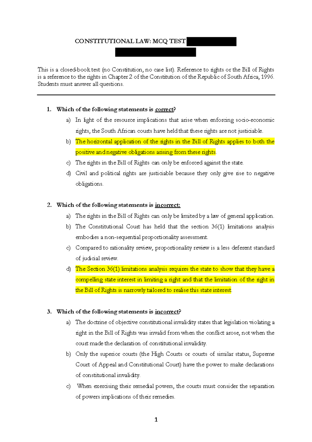 CONSTITUTIONAL LAW: MCQ TEST (SA Constitution 1996) - Studocu