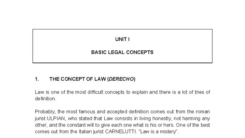UNIT I: Basic Legal Concepts in Law (Derecho) - Studocu