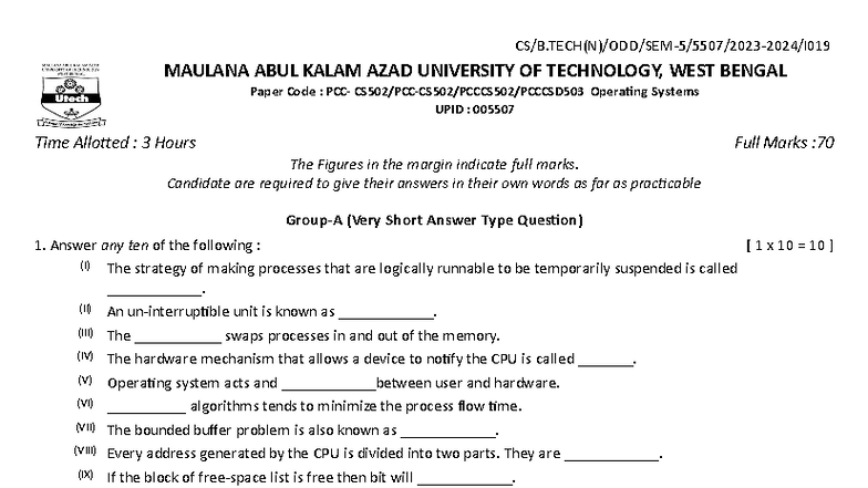 BTech CSE 5th Sem Operating Systems PCC CS502 Exam Paper 2024 - Studocu