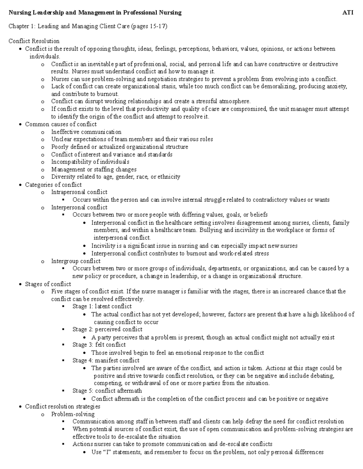 Nursing Leadership & Management ATI: Conflict Resolution & Ethics - Studocu