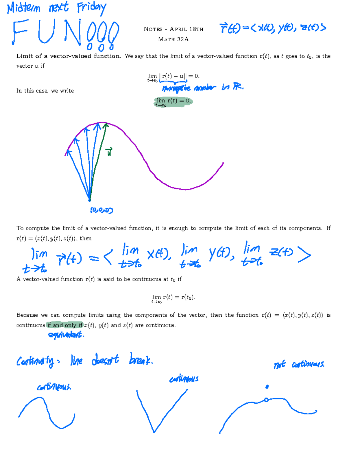 Vector-Valued Functions & Calculus: Notes for Math 32A - Notes - April ...