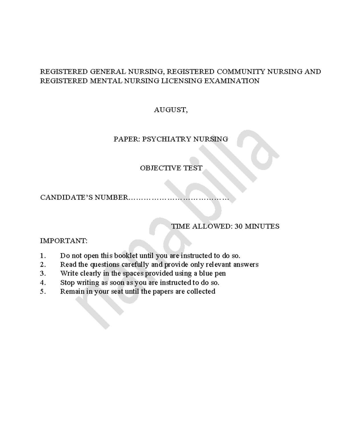 Psychiatry Nursing Licensing Exam (GNR 101): Objective Test Paper - Studocu