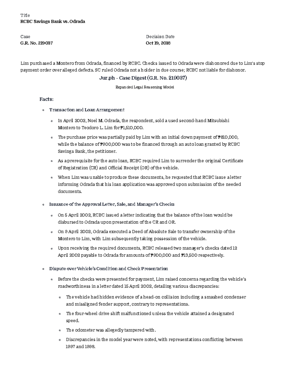 Case Digest: RCBC Savings Bank vs. Odrada (G.R. No. 219037) - Legal Analysis - Studocu