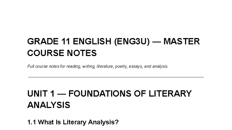 Grade 11 English (ENG3U) — Master Course Notes - GRADE 11 ENGLISH ...