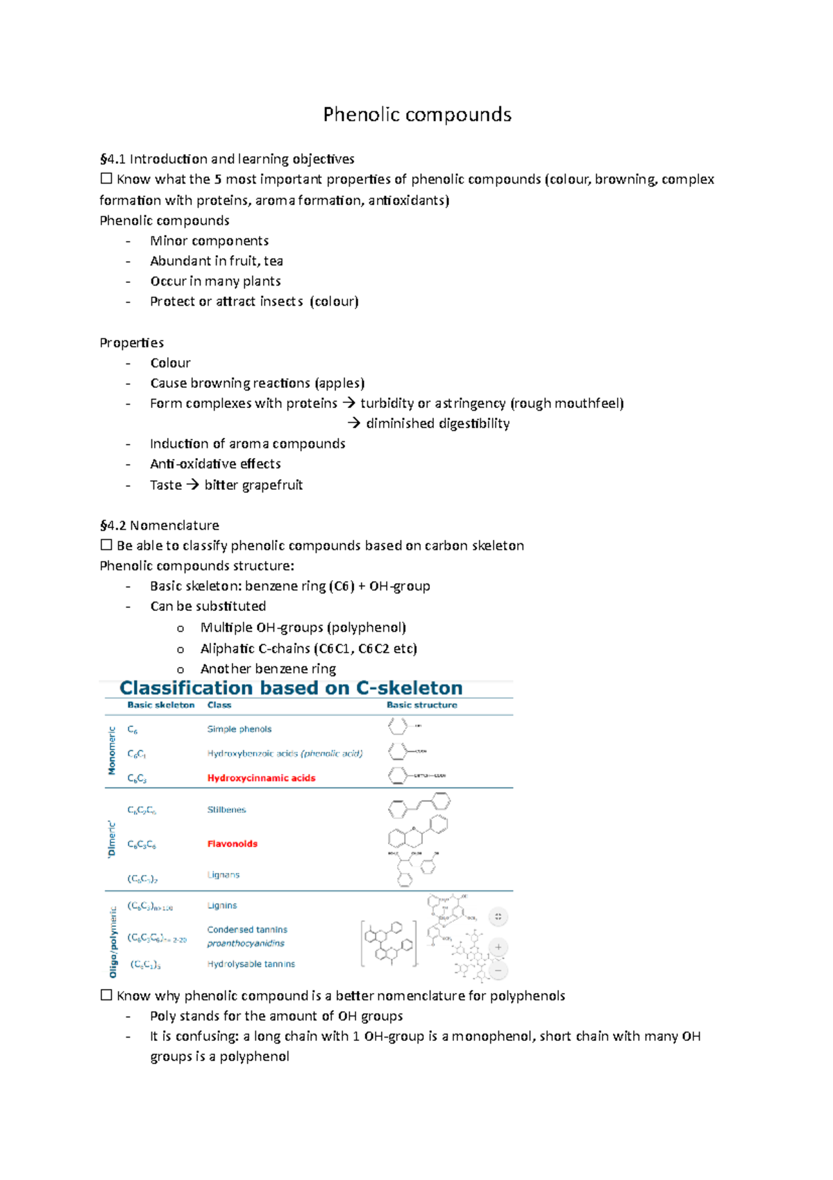 Summary of Phenolic Compounds: Properties and Classes (Course Code ...