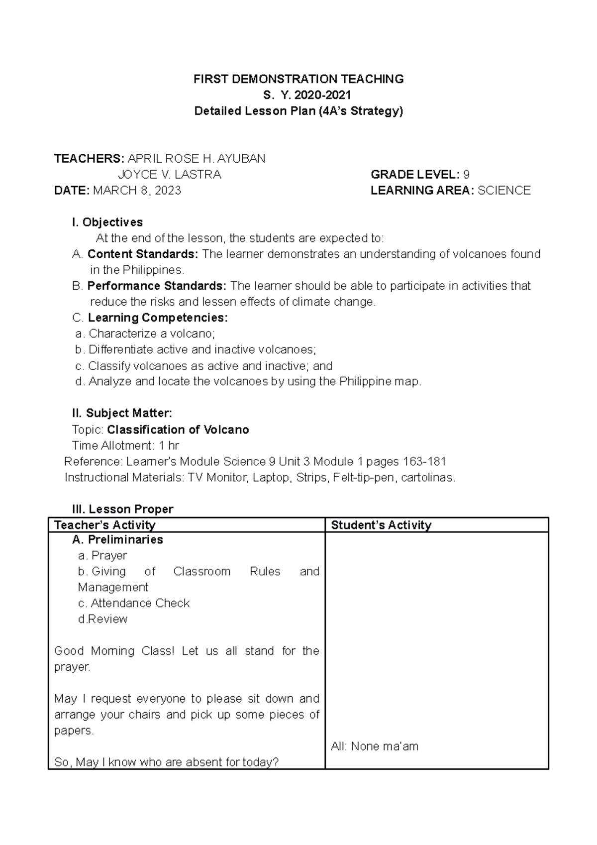 1st LP - Lesson Plan on Classifying Volcanoes for Grade 9 Science - Studocu