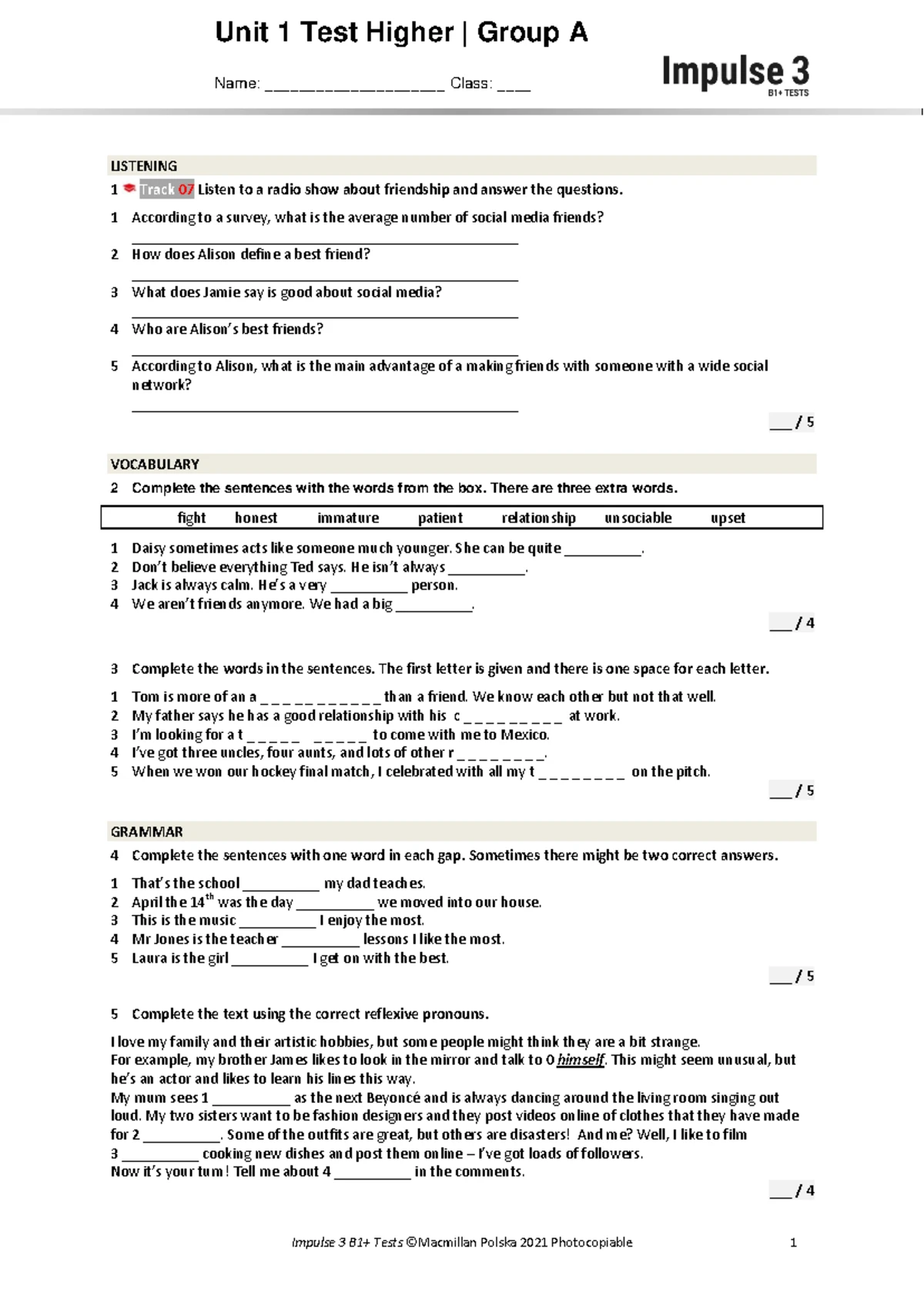 Impulse 3 B1+ Unit 1 Grammar Short Test 1 A+B - Studocu
