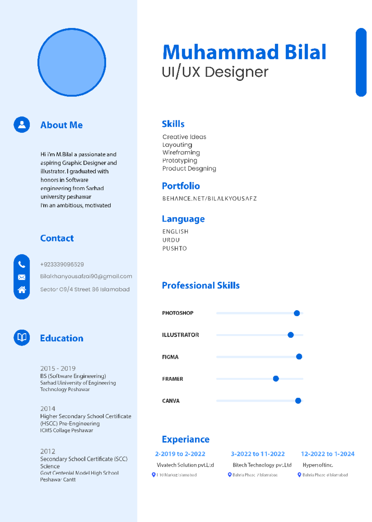 CV of Bilal - Professional Experience and Skills - Studocu