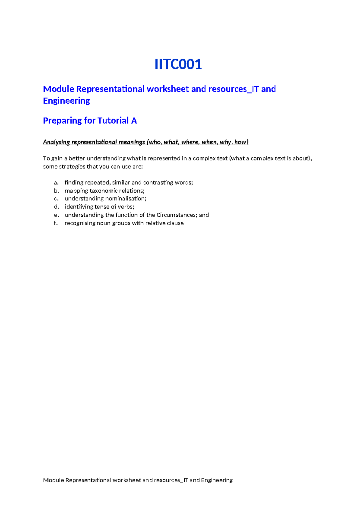 IITC001 Representational Worksheet: Analyzing Complex Texts in IT - Studocu