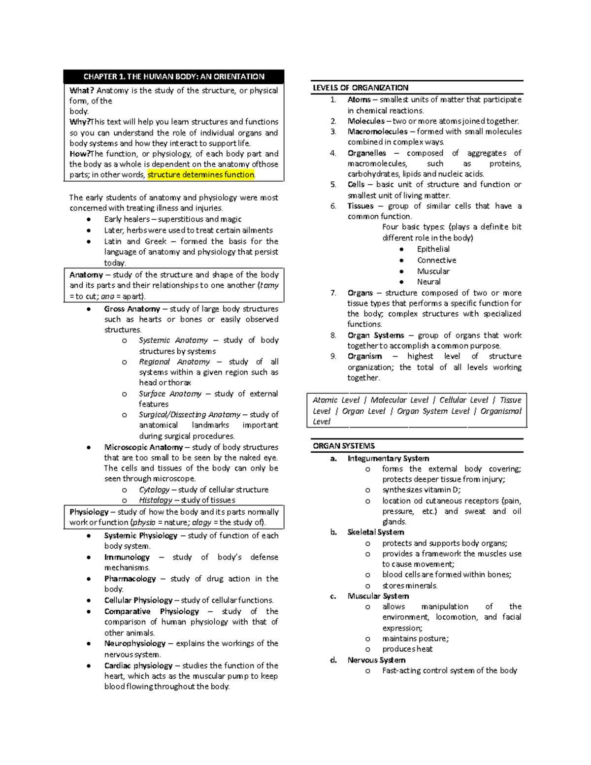 Anatomy and Physiology Reviewer for Prelims: Chapter Highlights - Studocu