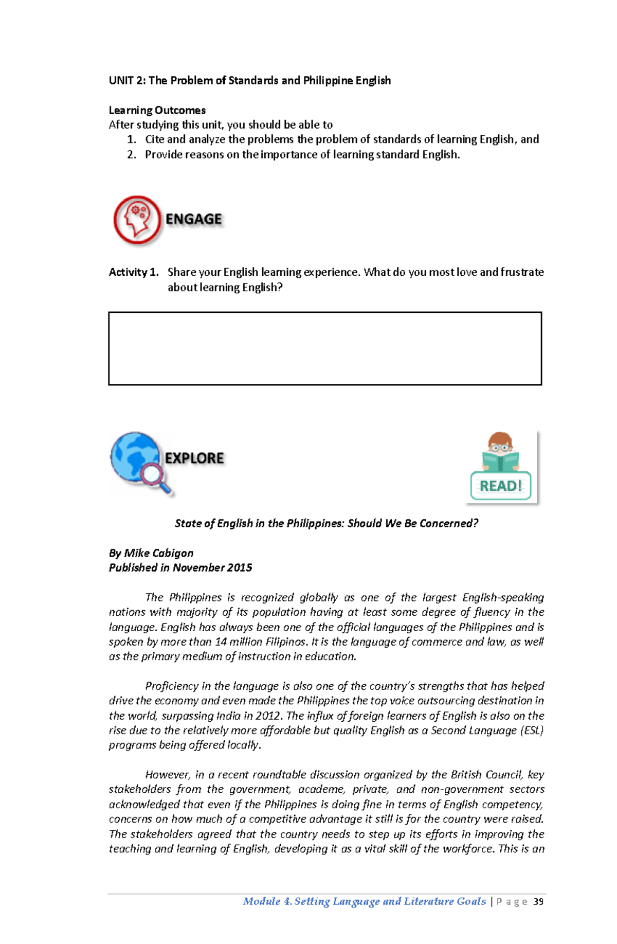 08 Module 4 Unit 2 - none - UNIT 2: The Problem of Standards and Philippine English Learning ...