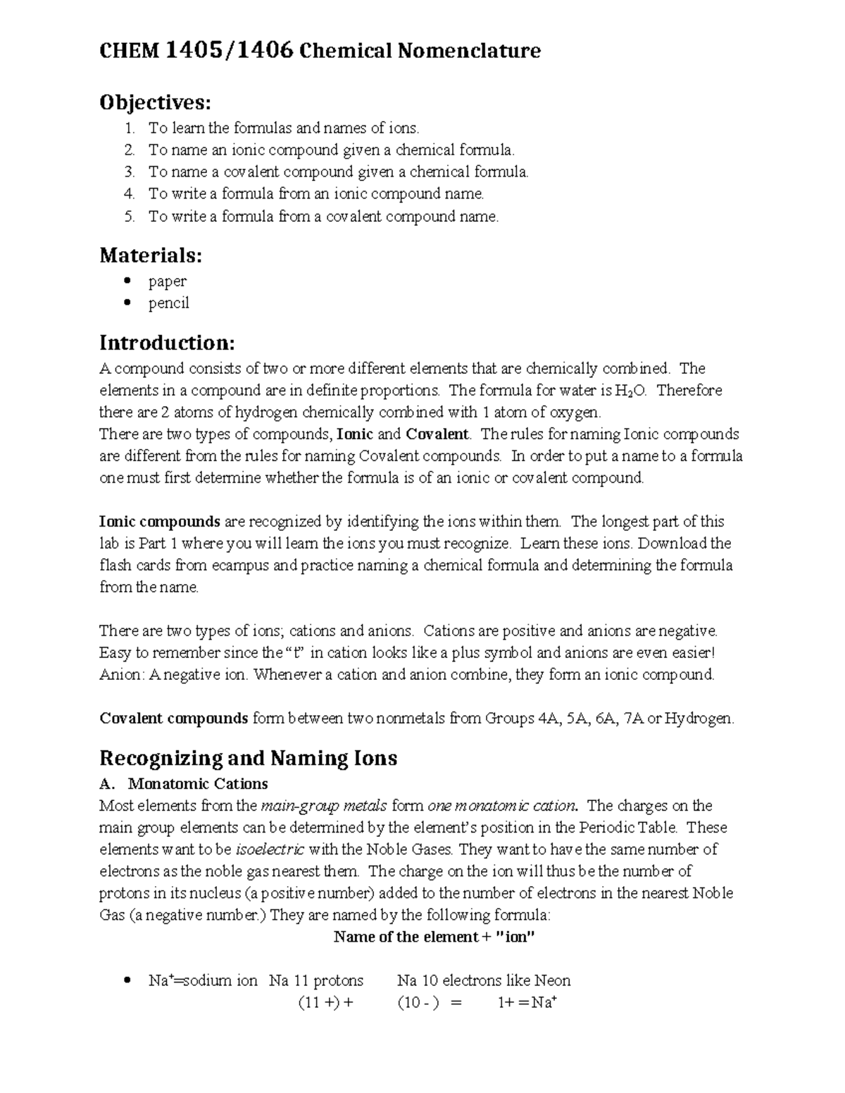CHEM 1406 Chemical Nomenclature Lab Guide and Objectives - Studocu