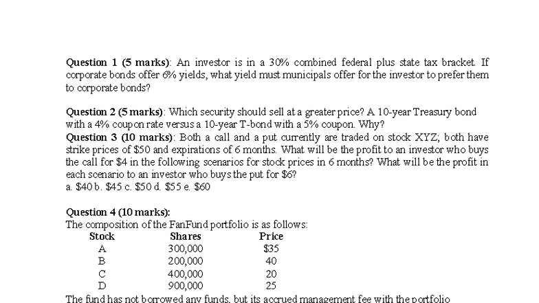 Investment Portfolio Management: Sample Final Exam Questions - Studocu