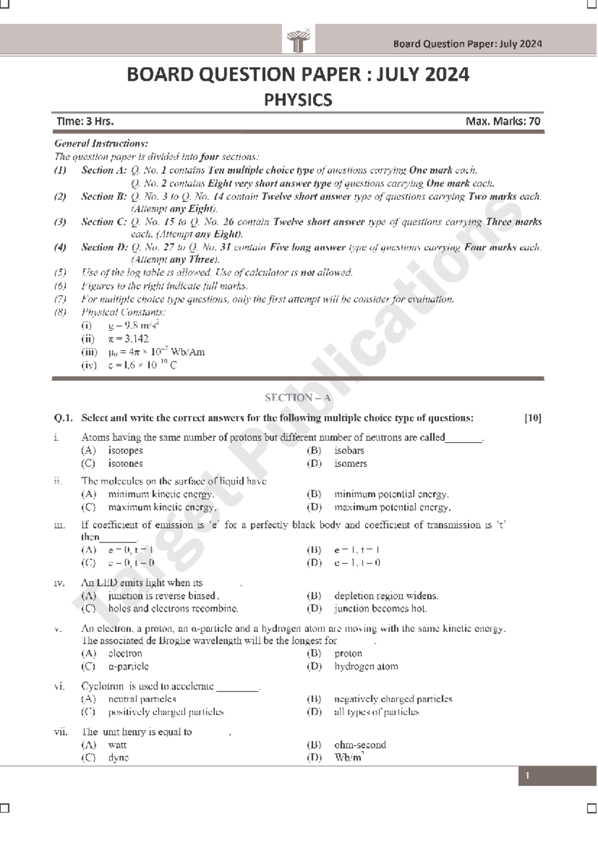 Board Question Paper: July 2024 Physics Exam (3 Hrs, Max Marks: 70 ...