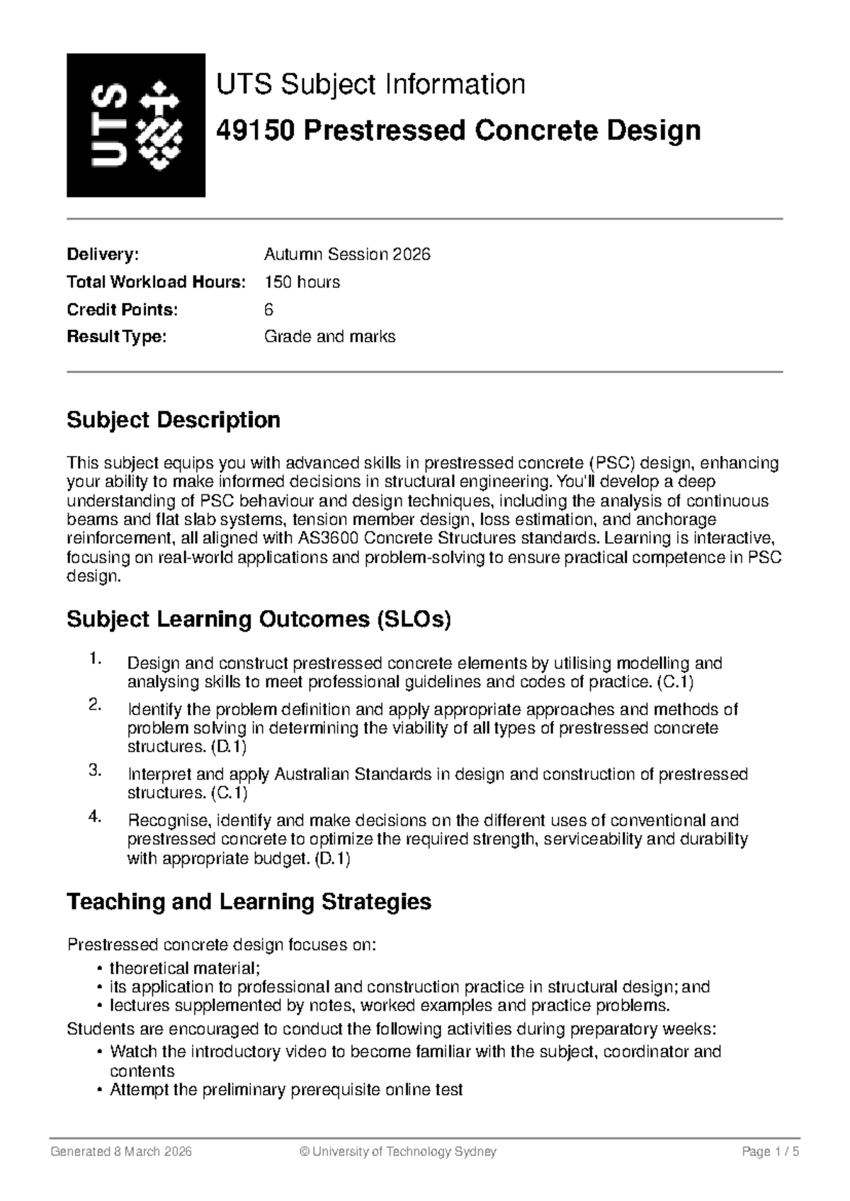 UTS 49150 Prestressed Concrete Design: Autumn 2026 Overview - Studocu