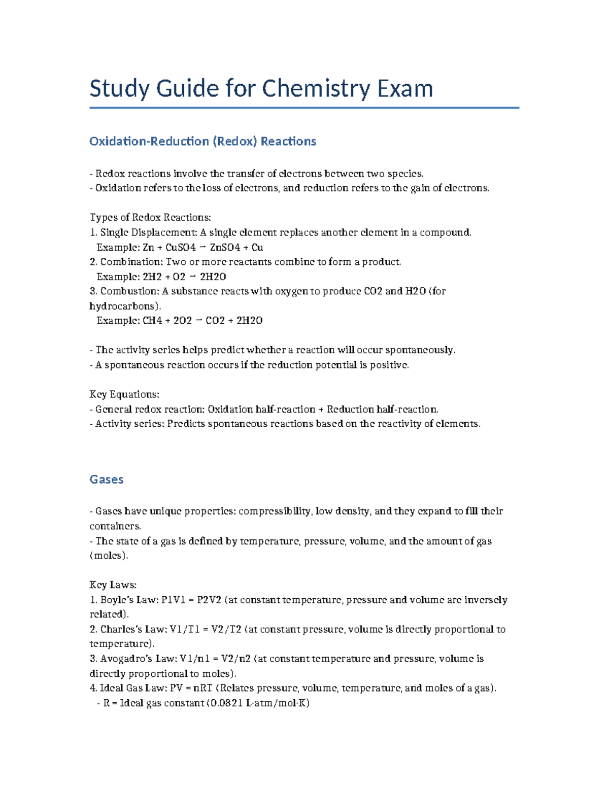Chemistry Study Guide for Exam: Redox Reactions & Gases - Studocu