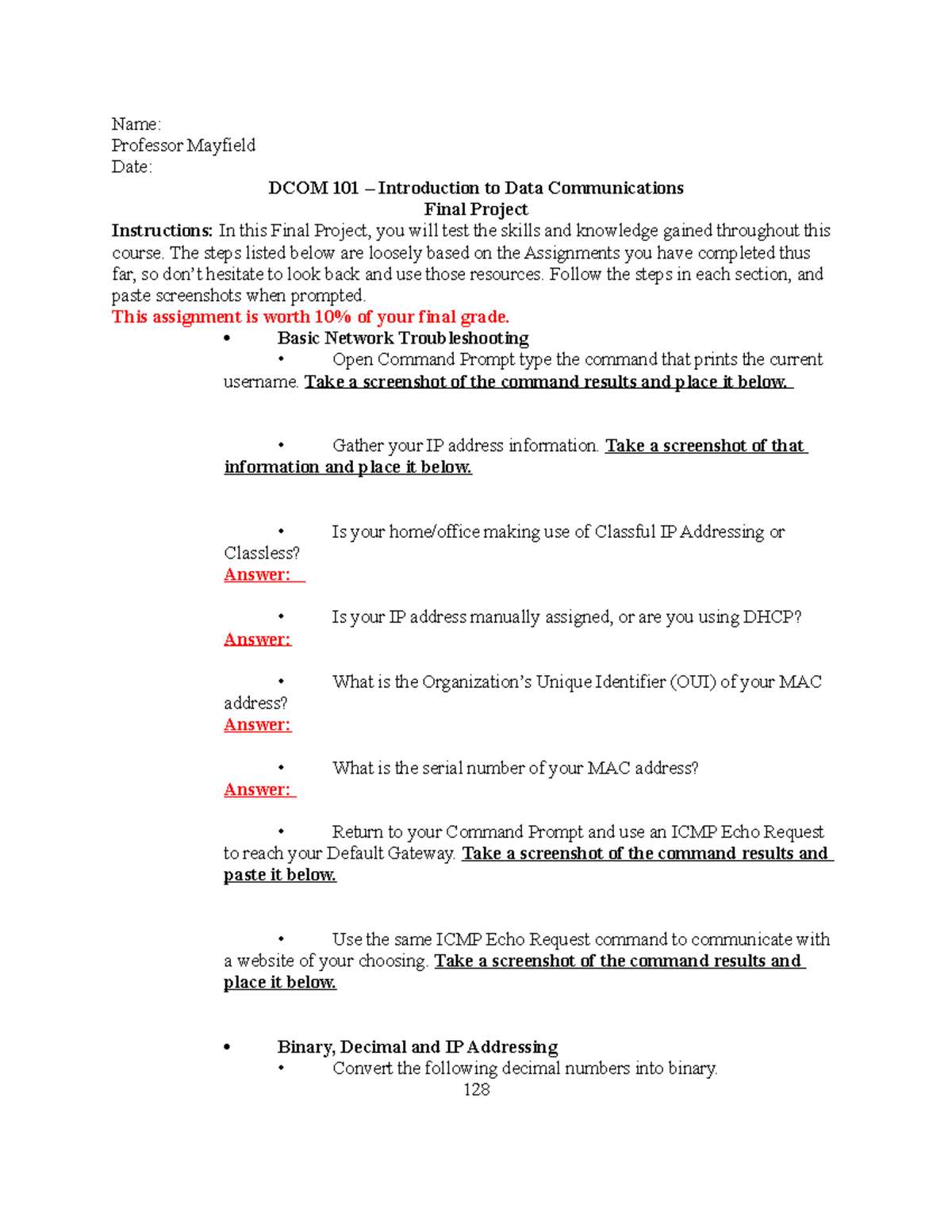 DCOM 101 Final Project - yes - Name: Professor Mayfield Date: DCOM 101 – Introduction to Data ...
